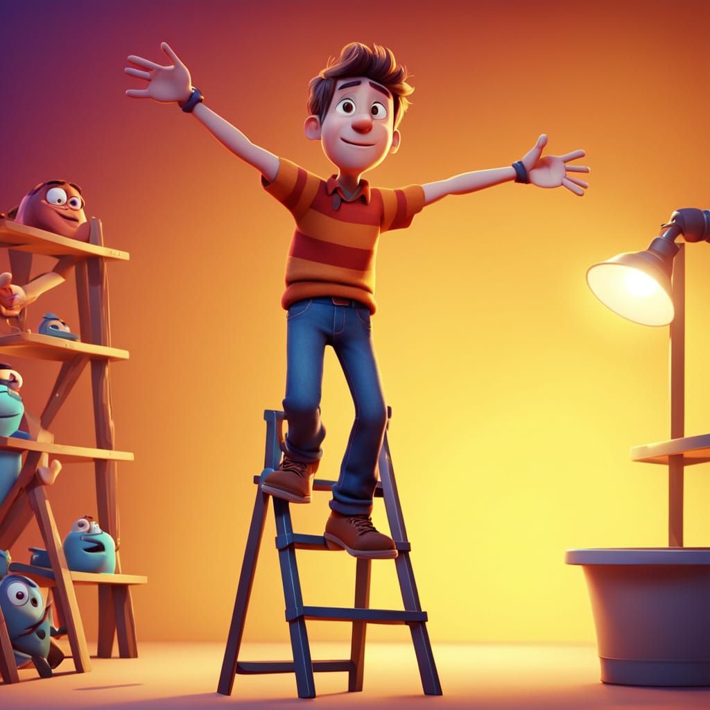 Clumsy Hero Teeters on Step Ladder in Whimsical Ca... - AI Art