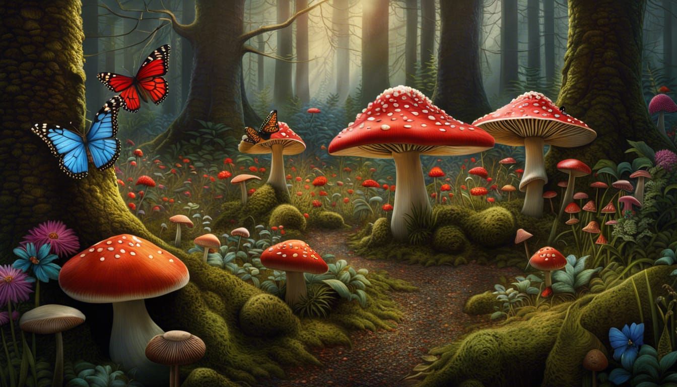 Toadstools and Butterflies - AI Generated Artwork - NightCafe Creator