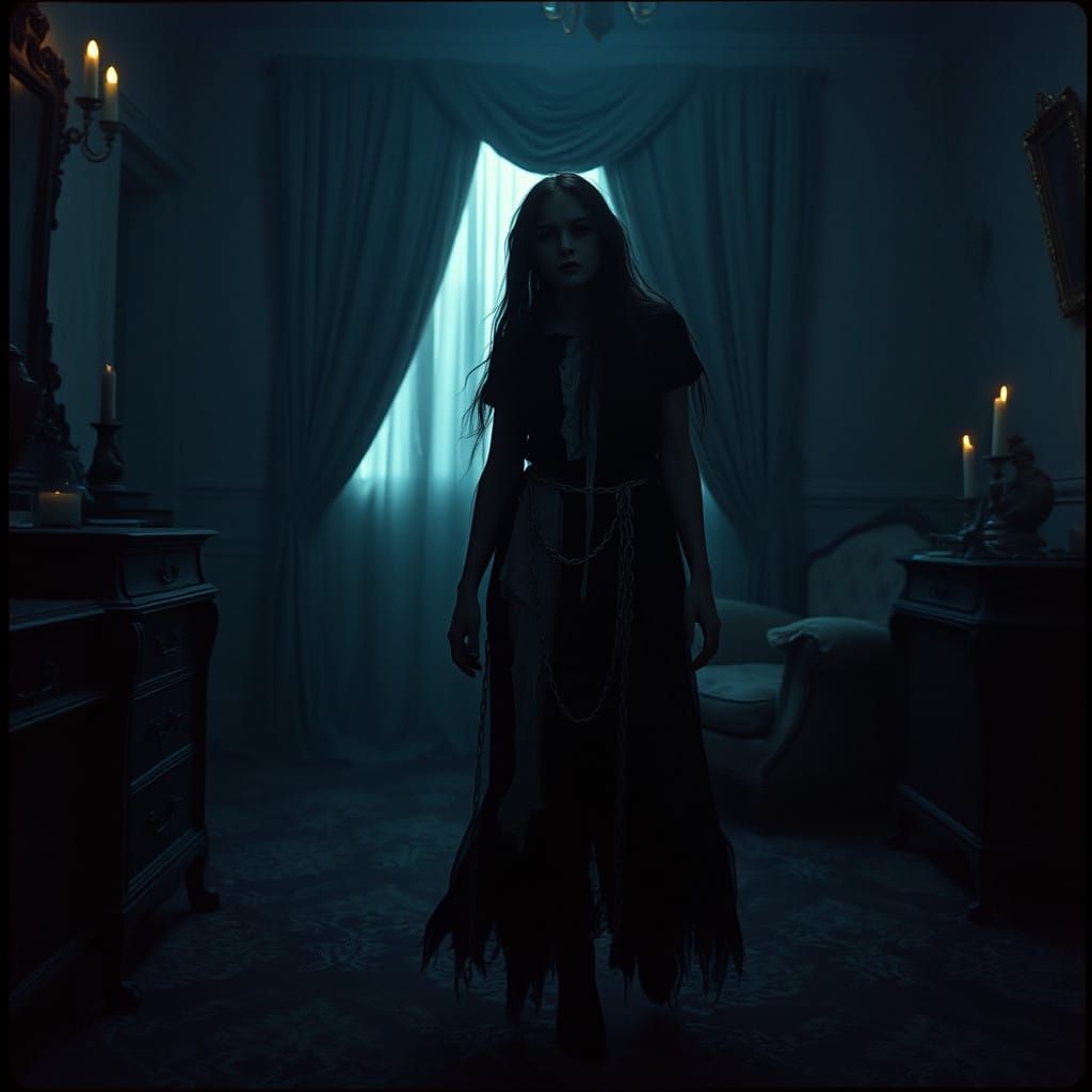 A ghostly gothic girl, draped in tattered, dark Victorian attire, with ...