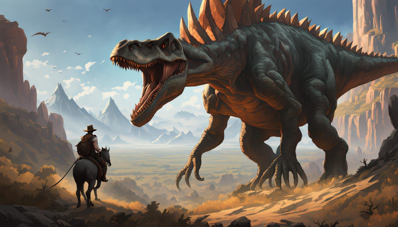 Cowboy on T-Rex Hunts Stegosaurus, Dark Fantasy Ar... - AI Art