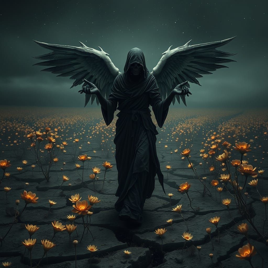 Angel of Death Walks Through a Desolate, Starlit L... - AI Art