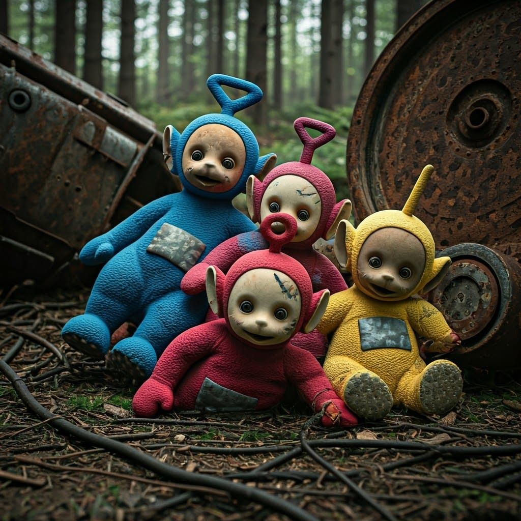 Forgotten Teletubbies in a Junkyard, Hyper-Realist... - AI Art