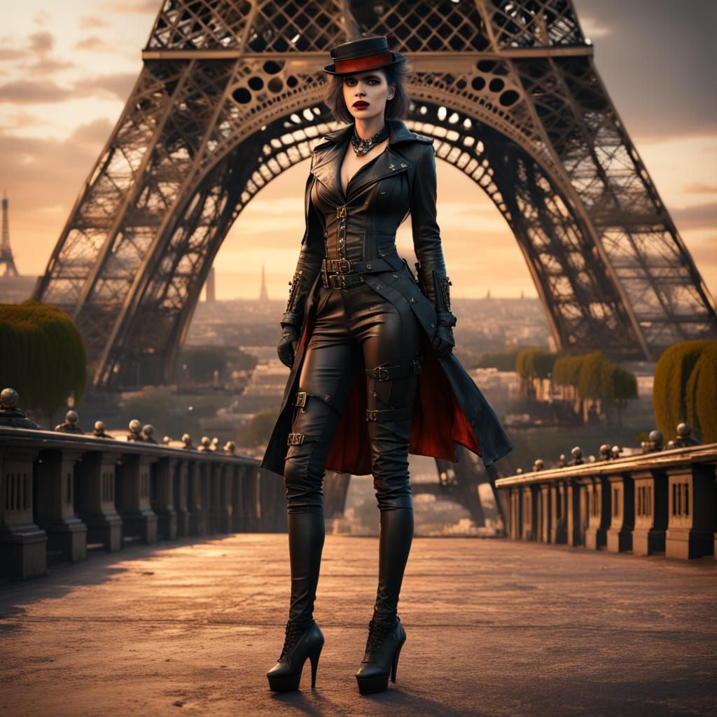 Miss Hellfire is wearing leather in the Eiffel Tower, Paris. - AI ...
