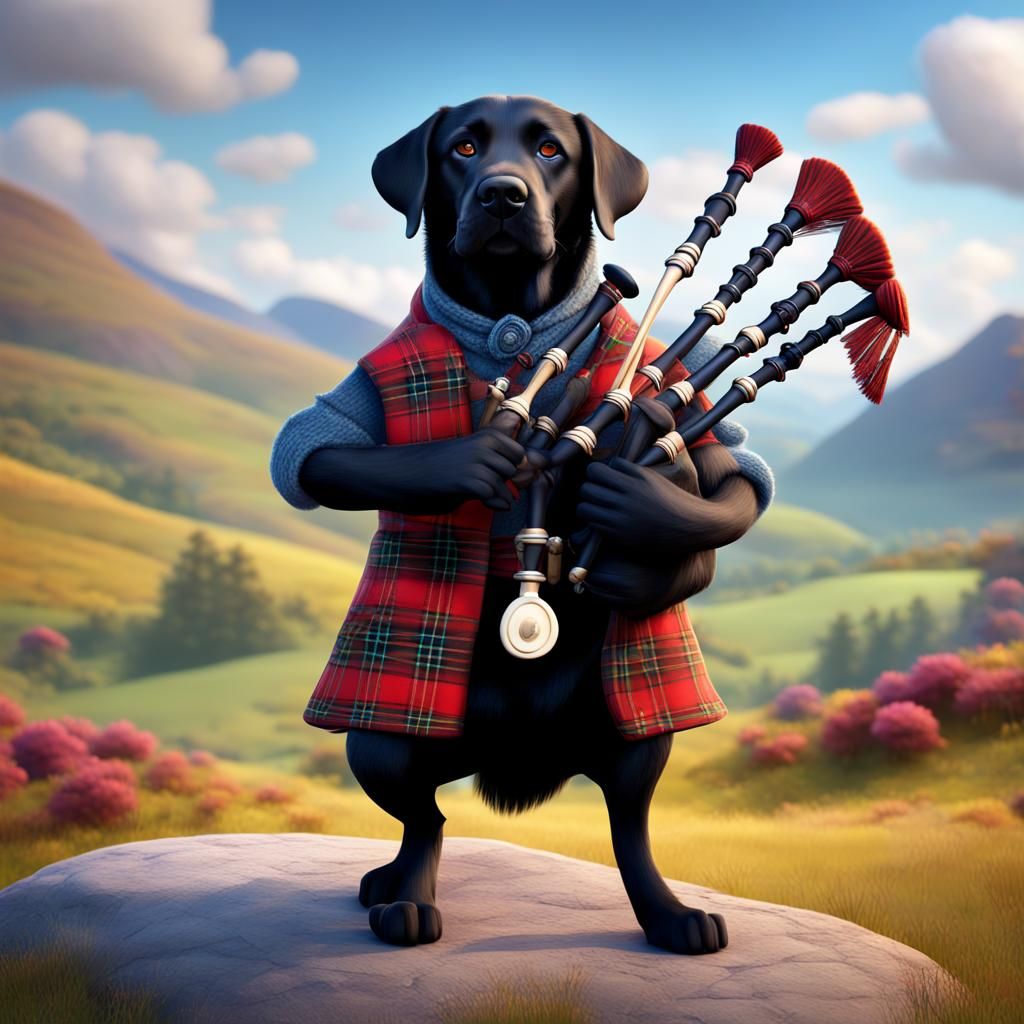 A black labrador wearing typical scottish clothes, playing bagpipes ...