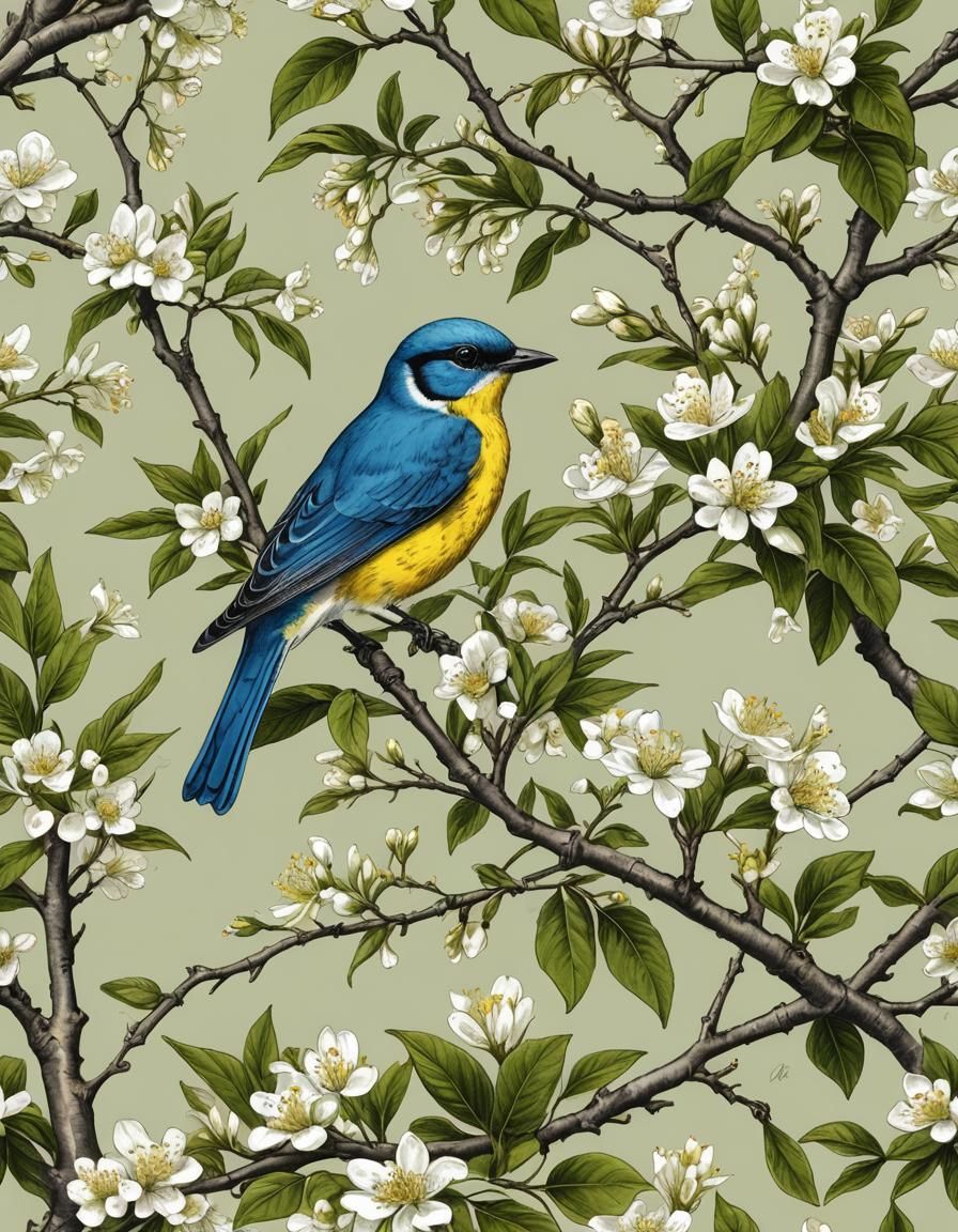 Cyan bird sit on twig od blossom tree, drawing - AI Generated Artwork ...