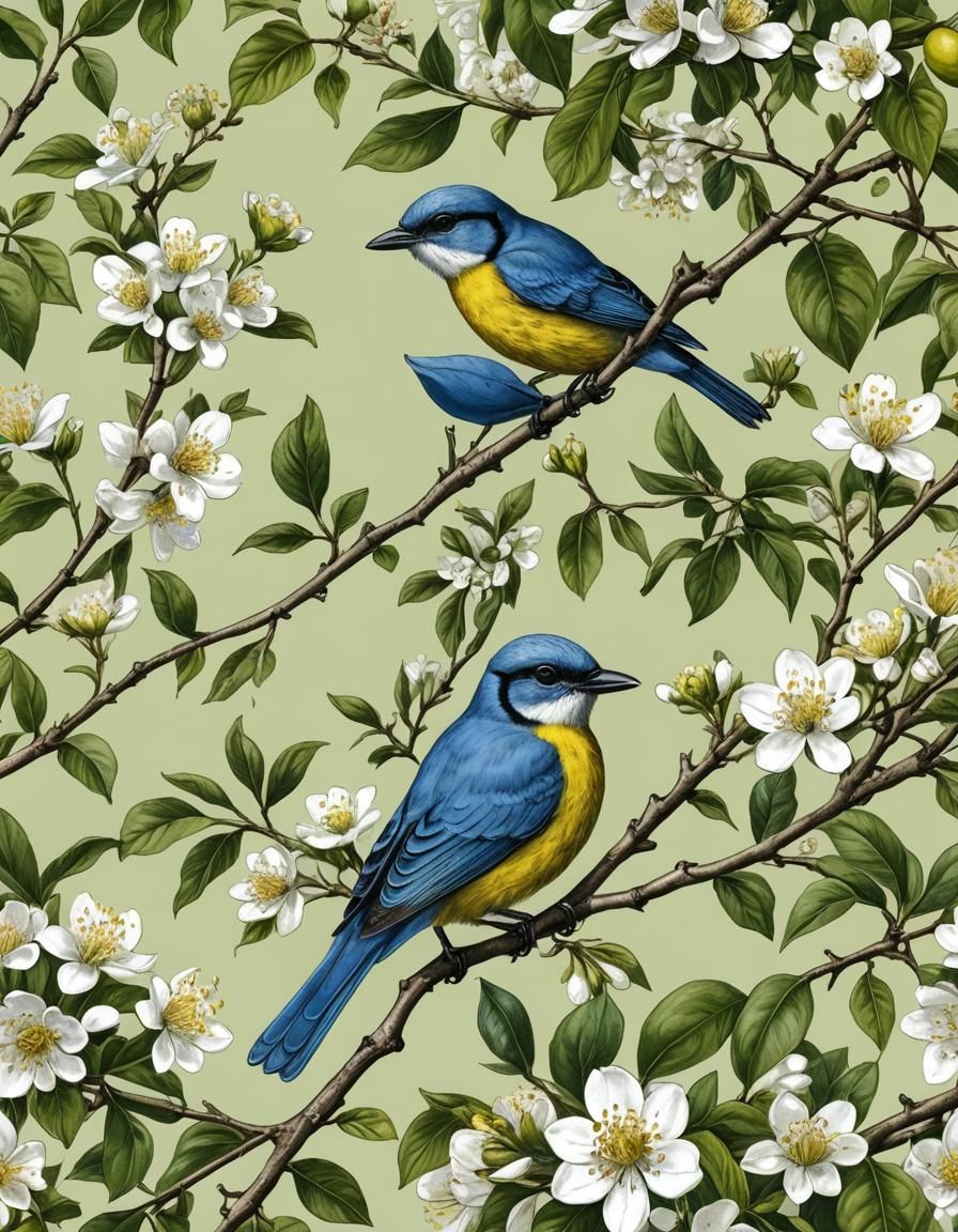 Cyan bird sit on twig of blossom tree, old drawing 2 - AI Generated ...