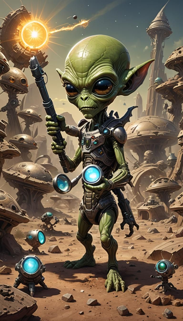 Giant toddler mischievous alien with magnifying glass using the suns ...