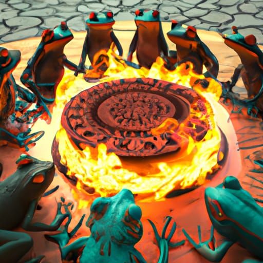 Traditional Japanese Frogs Gather Around a Fiery C... - AI Art