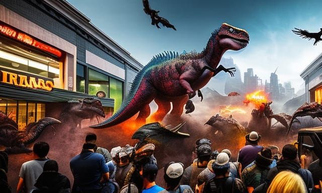 The trick to jumping shop queues .... Be a dinosaur - AI Generated Artwork - NightCafe Creator