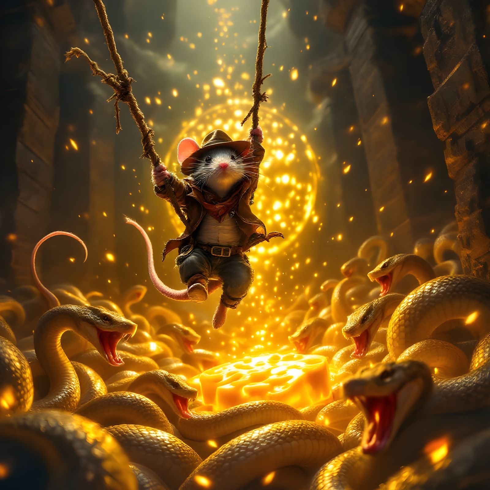 Mouse Indiana Jones Battles Cobras for Golden Chee... - AI Art