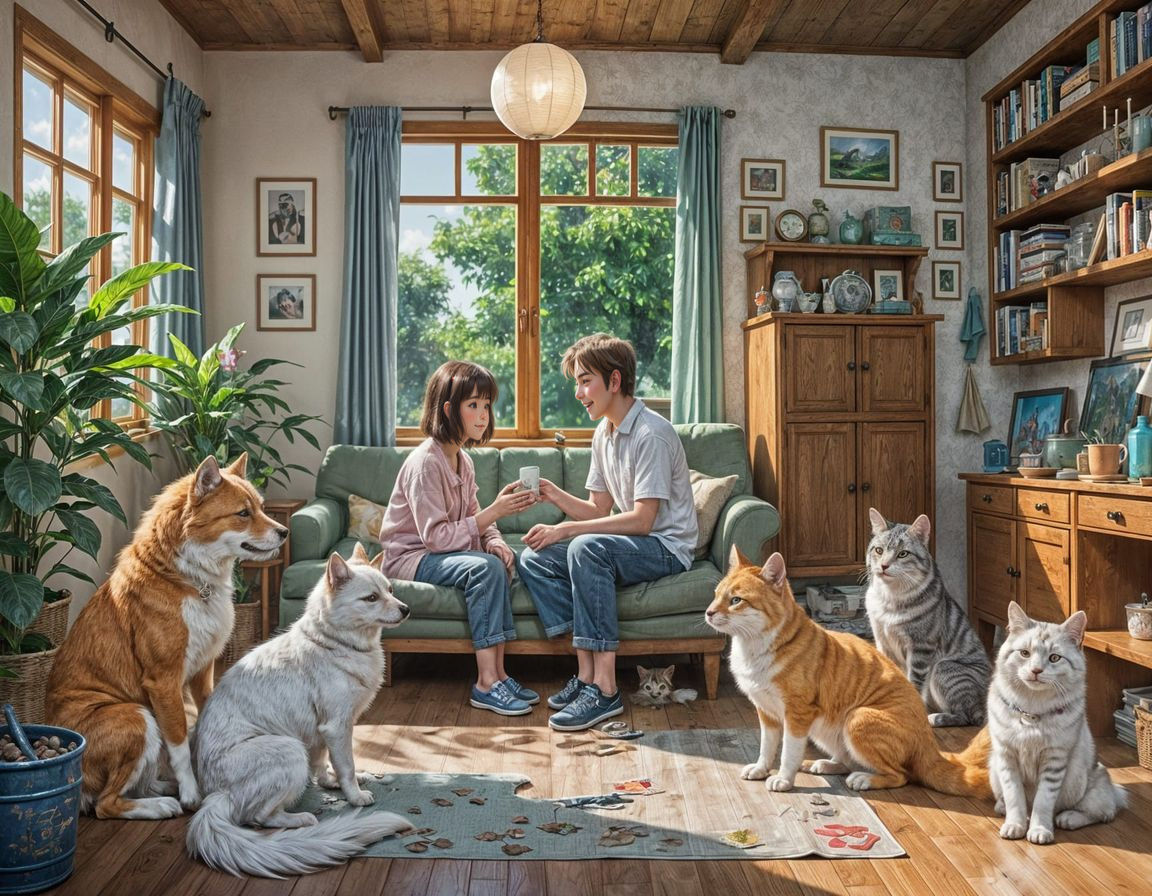 Girl with her partner and their pets