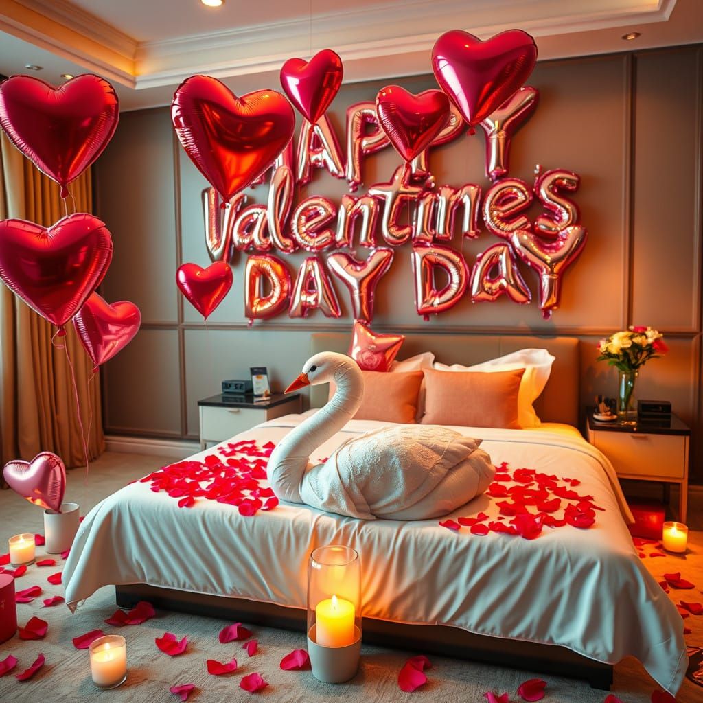 Luxurious Valentine's Day Hotel Room in Vibrant Br... - AI Art