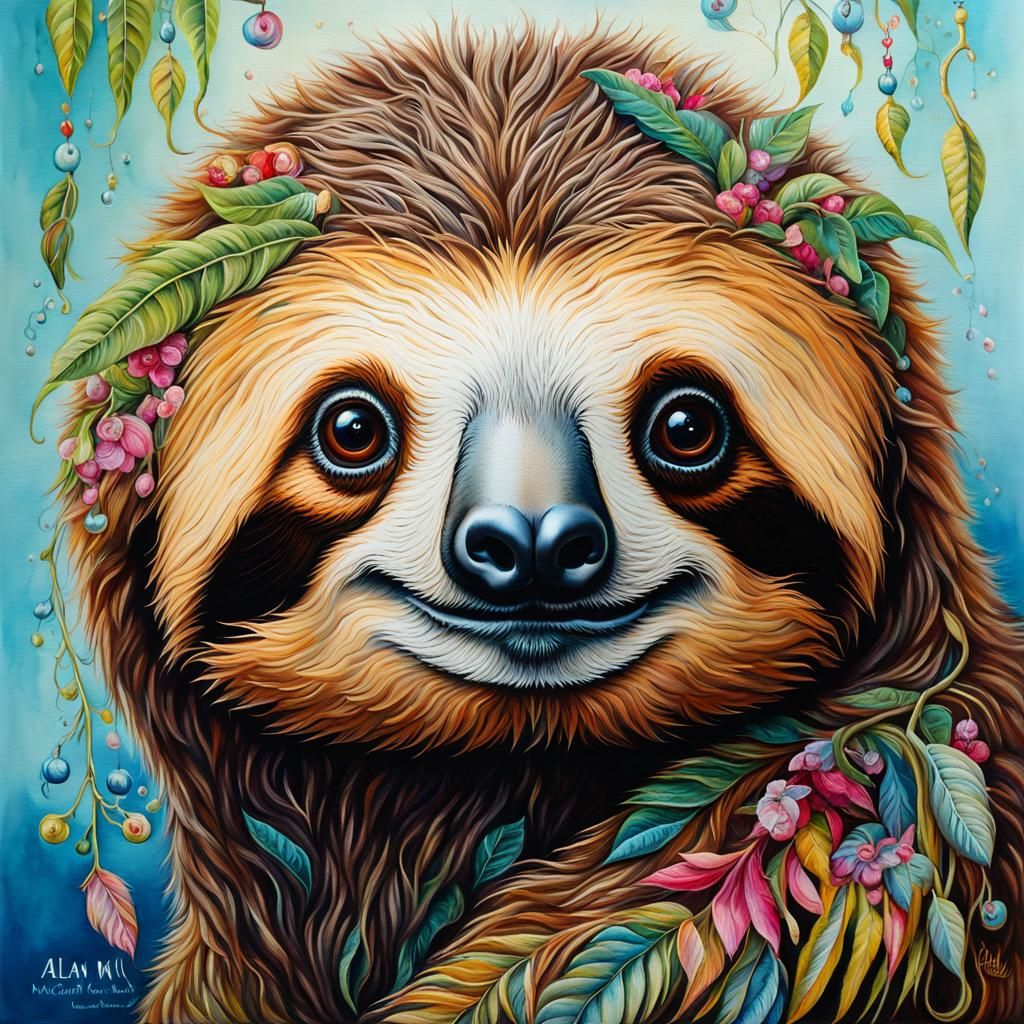 Hyperdetailed 2/3 portrait cute sloth, fine art, alcohol ink, WHIMSICAL ...