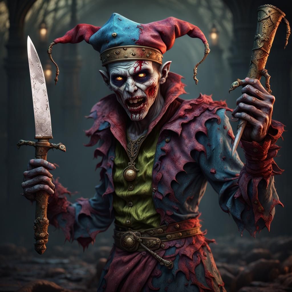 Zombie jester holding a knife - AI Generated Artwork - NightCafe Creator