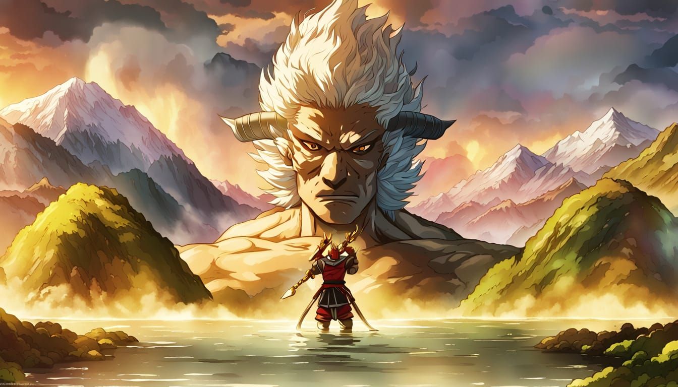 Red-Skinned Oni Samurai in Japanese Hot Spring, An... - AI Art