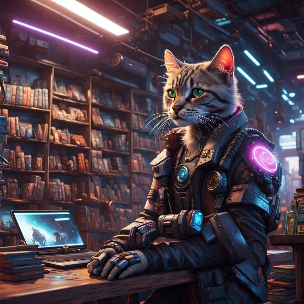 cats in sci-fi bookstore, digital art, cyberpunk, detailed, 2/3 face angle, side light, colorful ...
