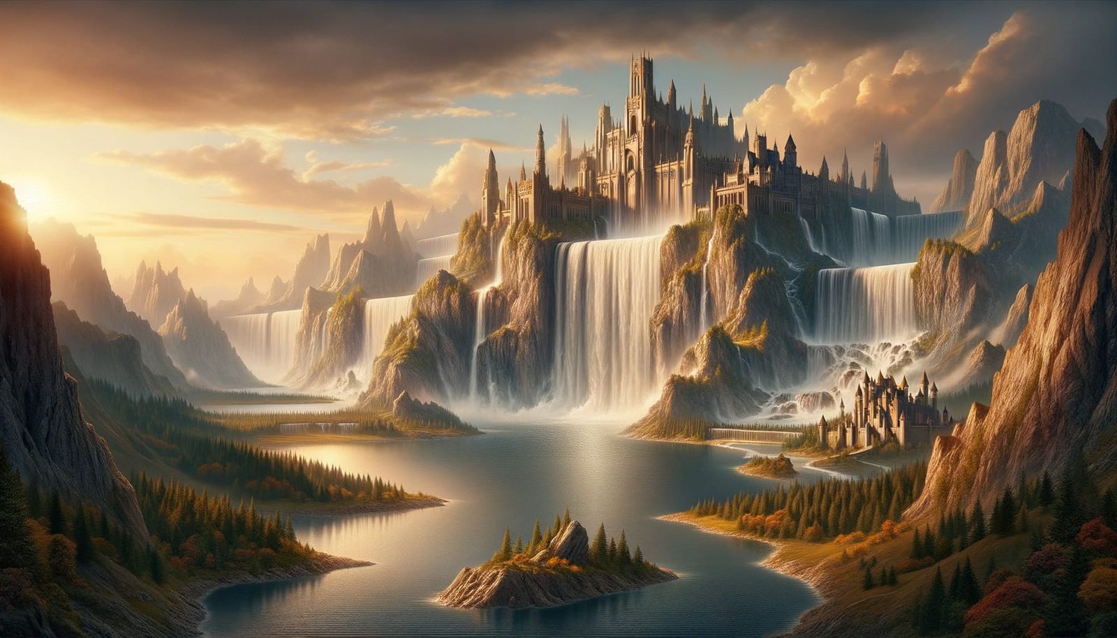 depict a large, yet calmy flowing waterfall high above a detailed high ...