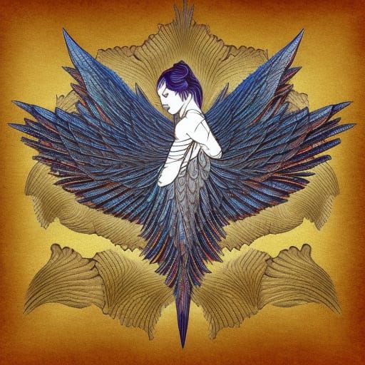 A WINGED CENATUR FLYING ABOVE A WALLED CITY. IN THE STYLE OF MICHAEL ...