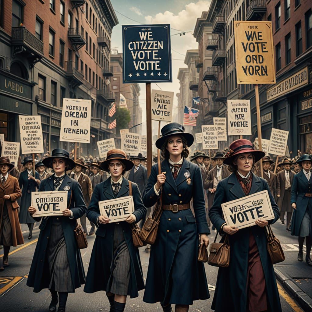 Women suffragettes are holding a protest in the streets