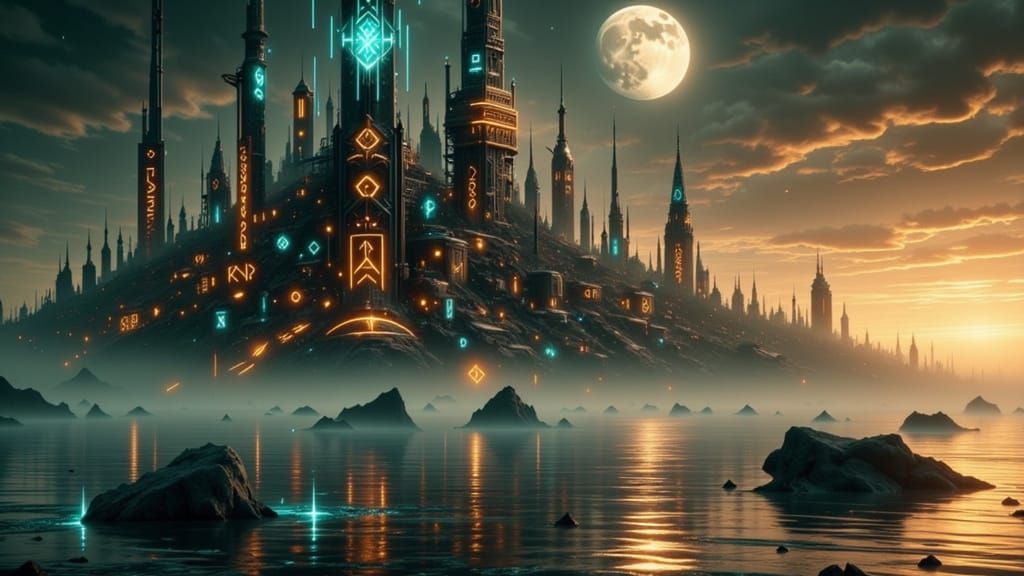 Steampunk city skyline at night seen from over a large body of water ...