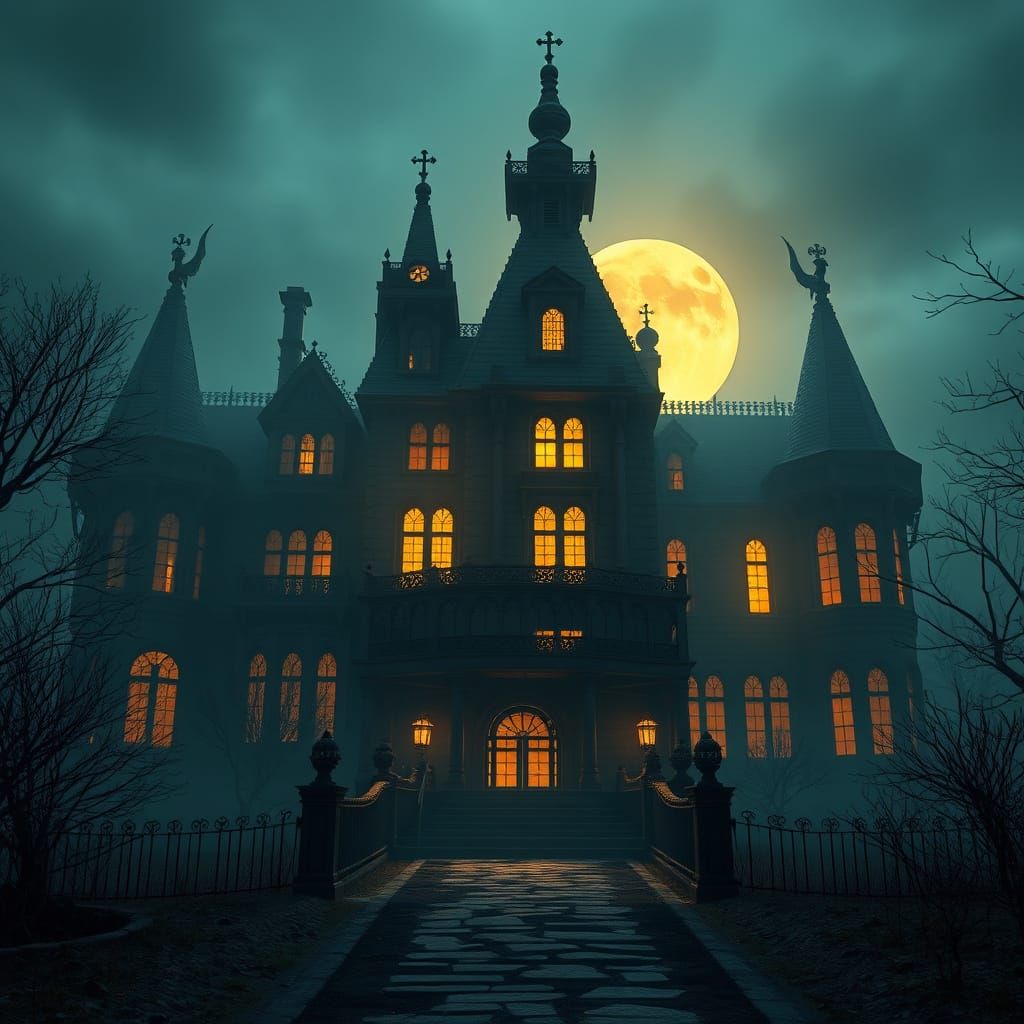 random house creepy - Ethereal Mansion in Golden Moonlight
