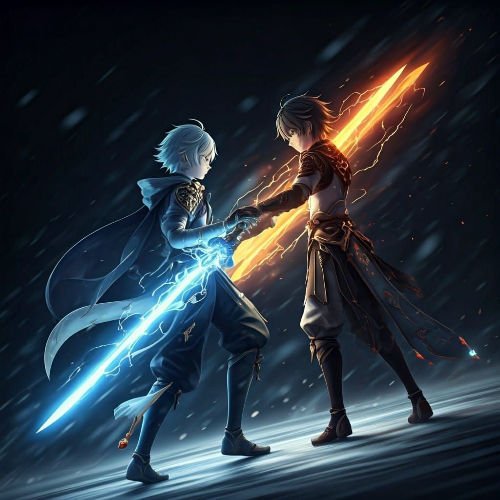 Epic Elemental Swords Clash in a Blizzard - AI Art