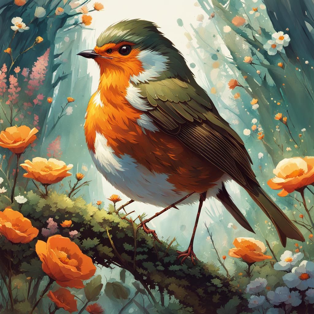 Anthropomorphic robin wearing a light hiking outfit, goofy, short ...