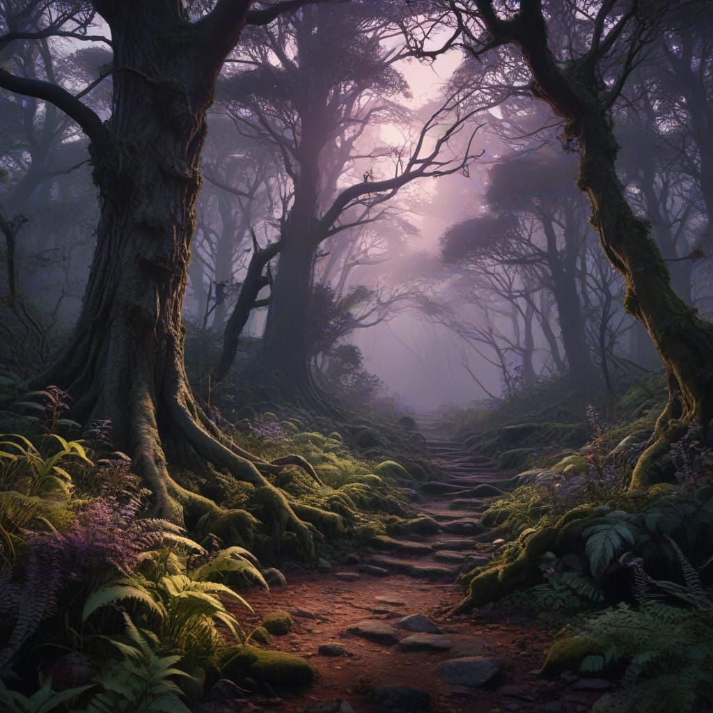 Dark heavily wooded forest with a beaten rock path weaving through it