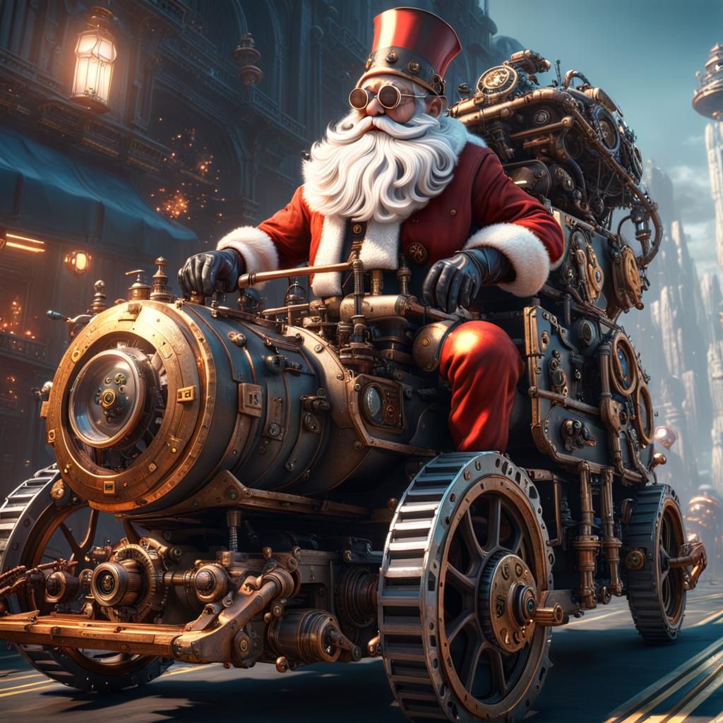 4k, HDR, vibrant colors, and super detailed steampunk themed Santa ...