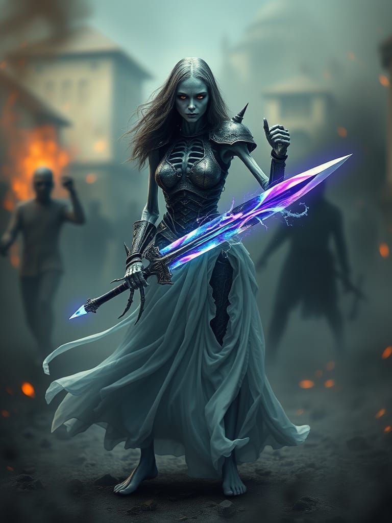 Ghostly Swordswoman - Ethereal Warrior in Haunting, High-Con...