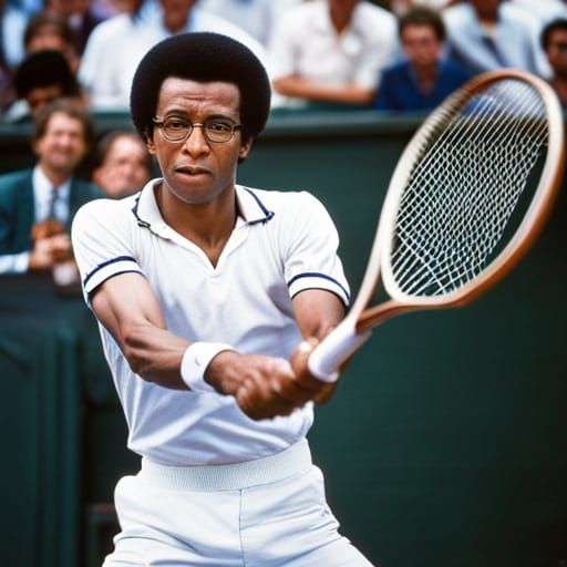 arthur ashe playing tennis at wimbledon, backhand hit over the net ...