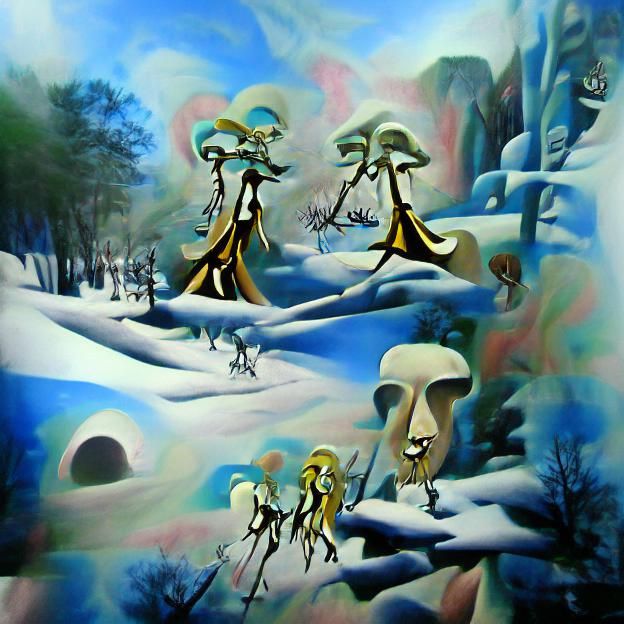 snow elves hunting in cartoon forest surrealism Salvador Dali matte ...