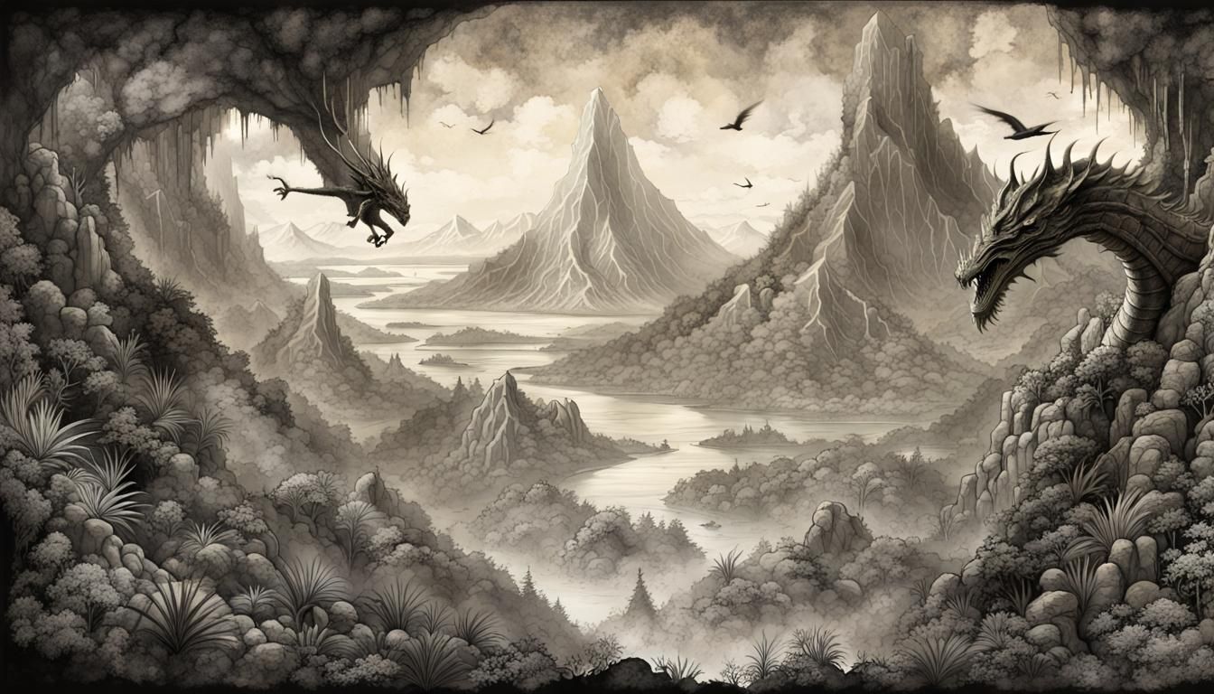 double exposure multi-layered silhouette 2D art of a dragon, a ...