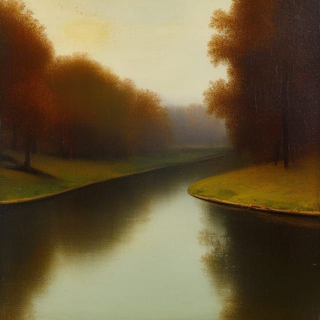 Tonalism Art Movement, 1 smokestack seen from a river, rainy day ...