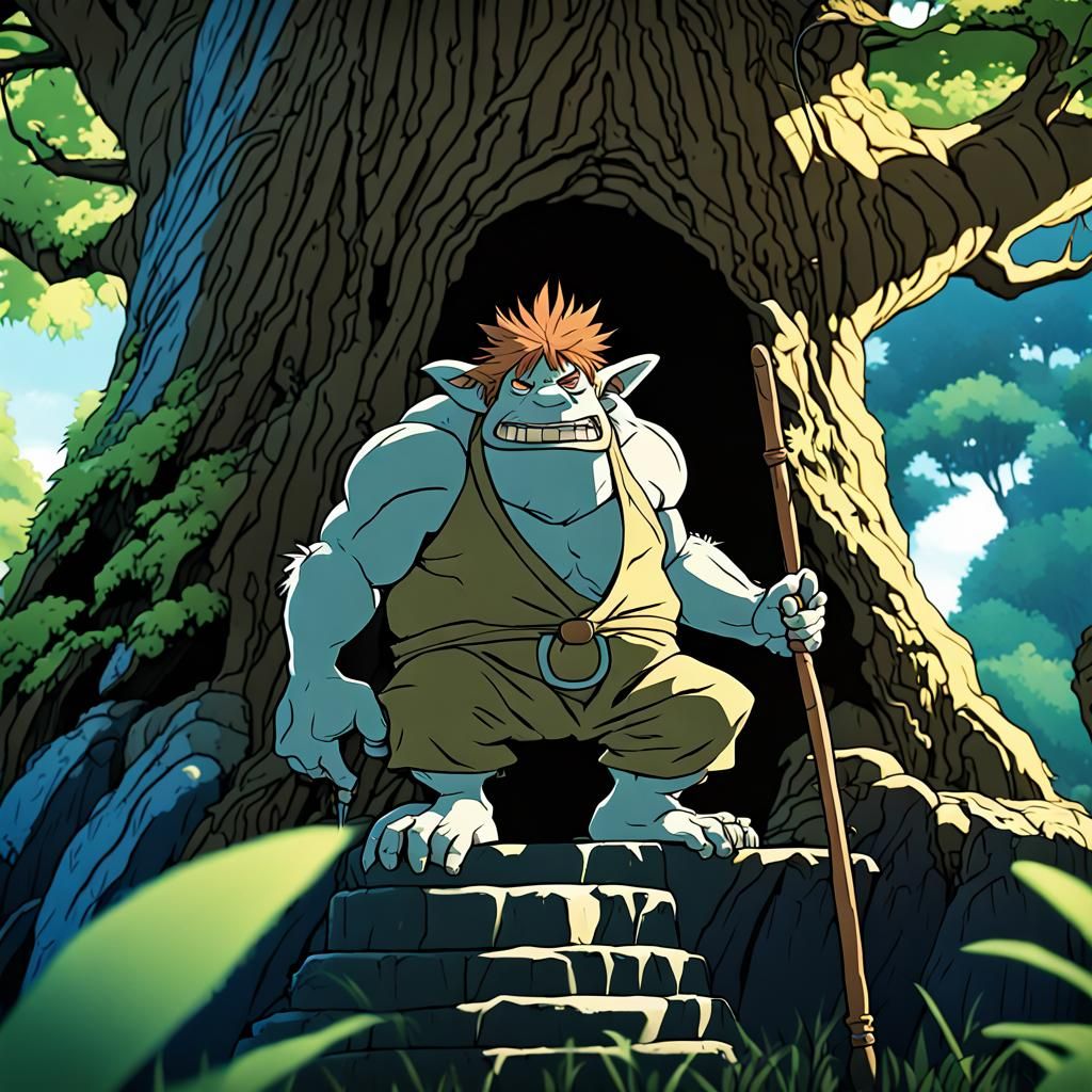 A skogstroll troll king with ginger hair and muscular build. Using a ...