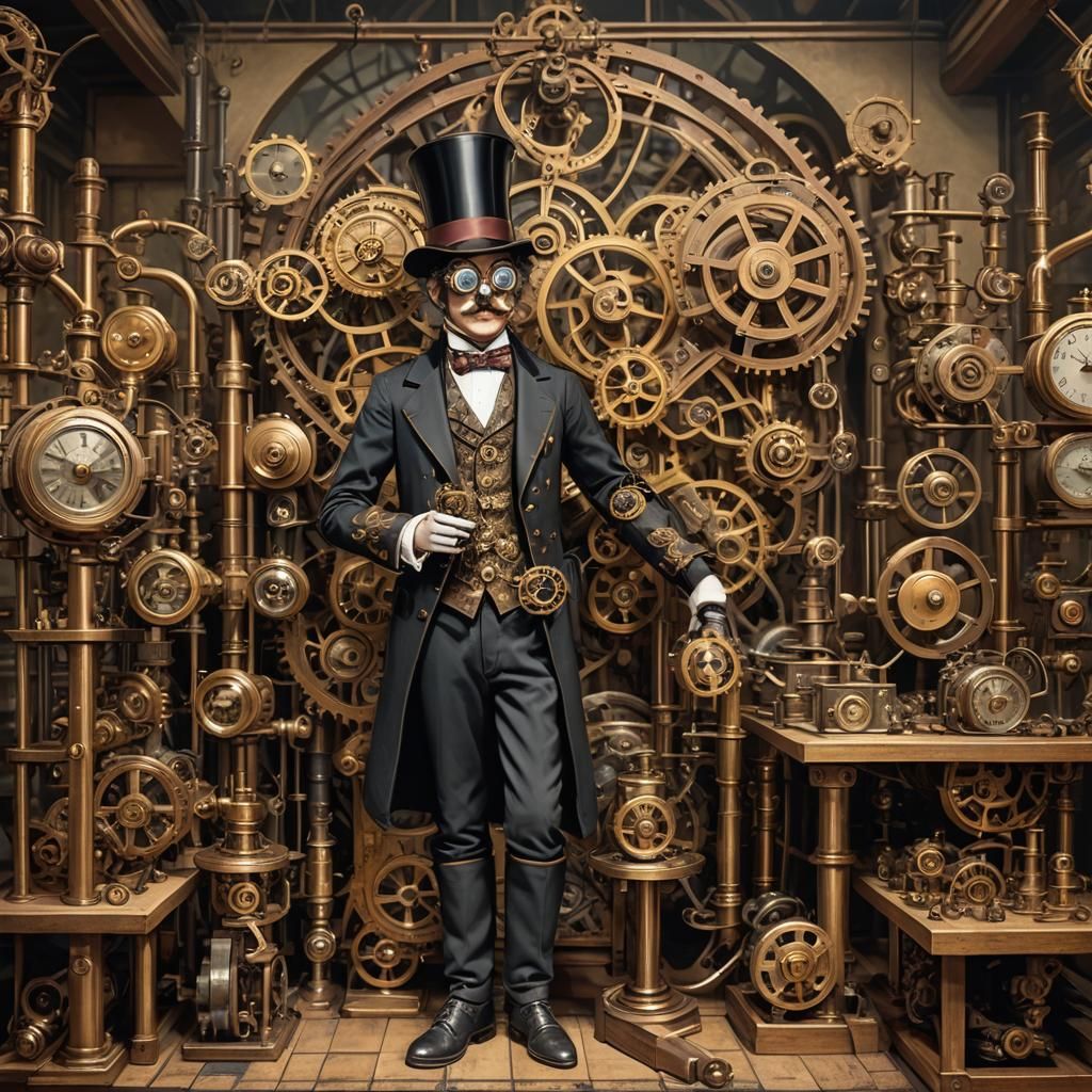 "A clockwork-powered steampunk automaton with gears and cogs, wearing a ...