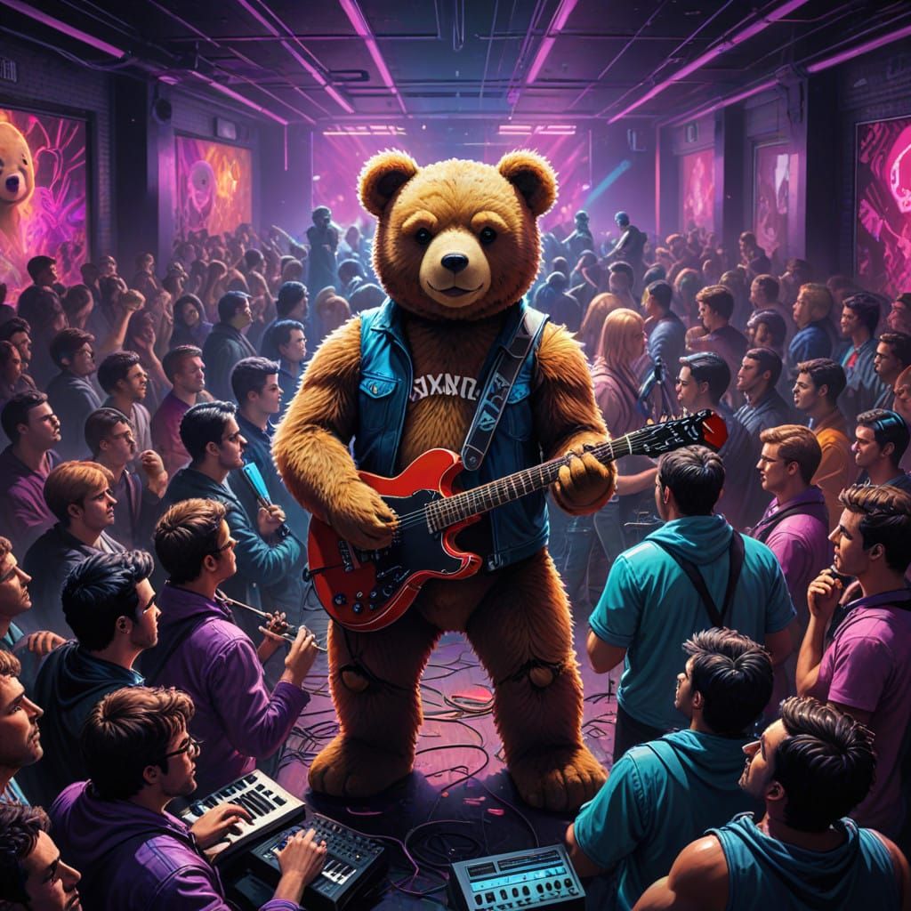 A teddy bear band performing in a crowded venue
