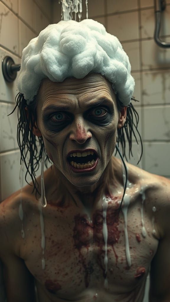 Decaying Zombie in Shower with Glossy Hair - AI Art