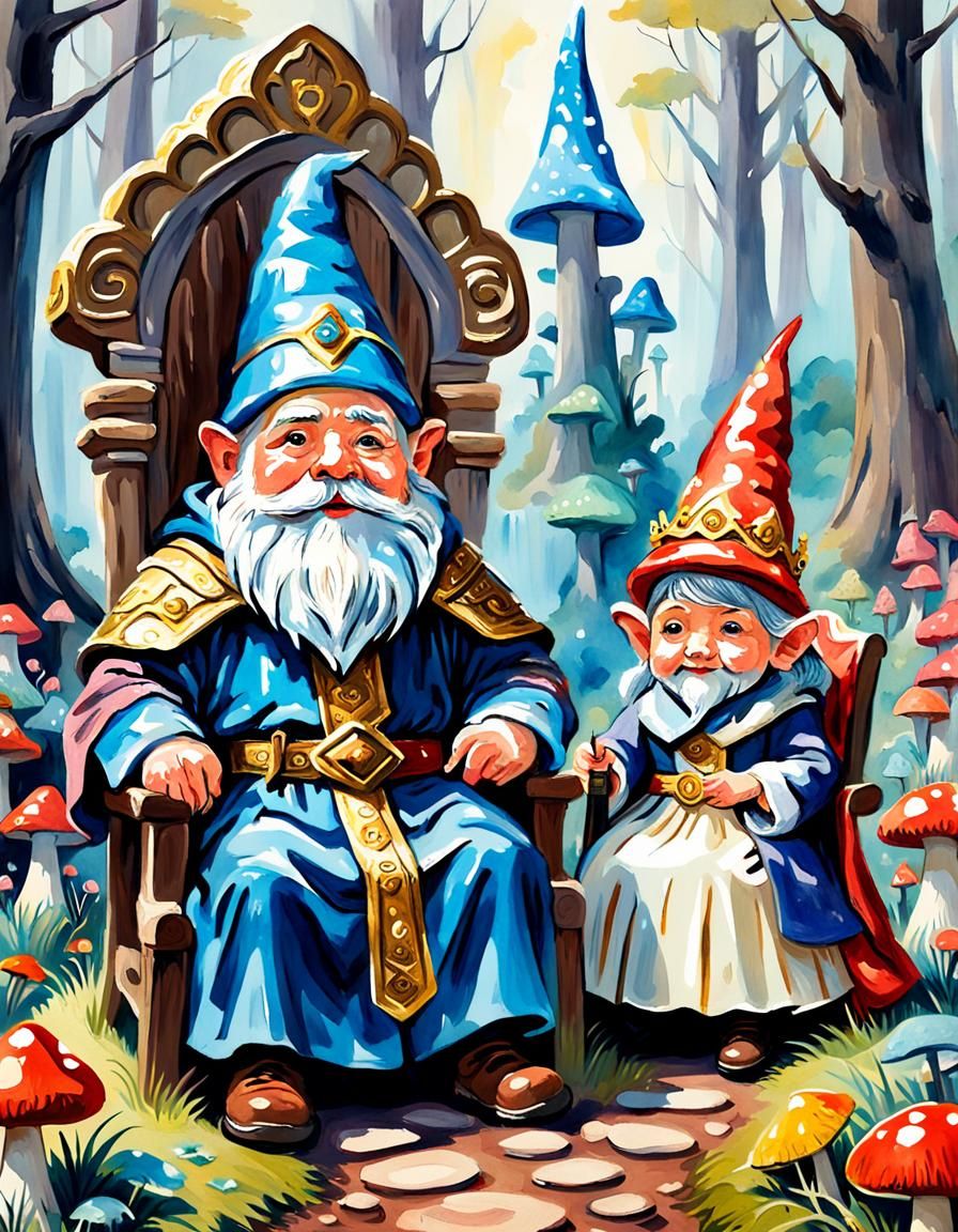 a king and a queen gnome dressed in robes with a throne in mushroom ...