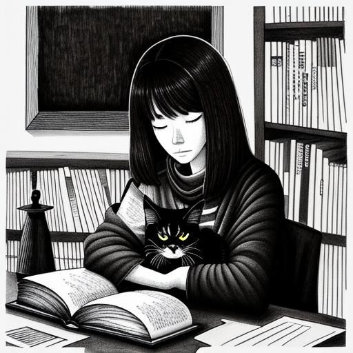 girl with coffee books, a cat, introvert, illustrated minimal ink ...