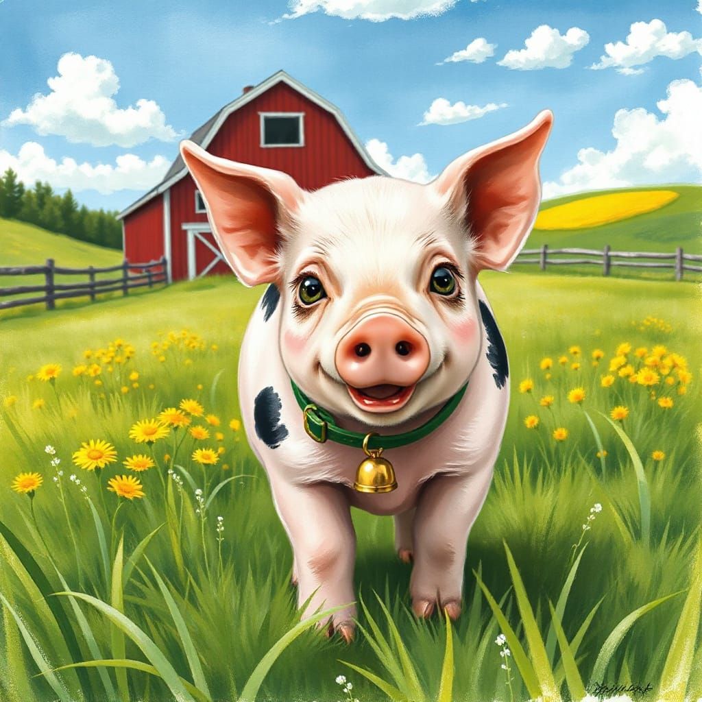 Abner The Pink Pig - Whimsical Farm Pig in Vibrant Green Mea...