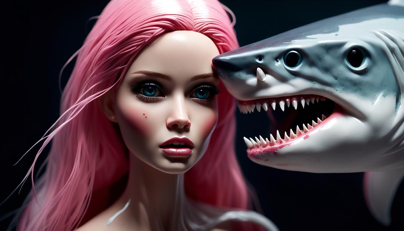 creepy horror barbie with shark head, haunting, cursed, visceral horror ...