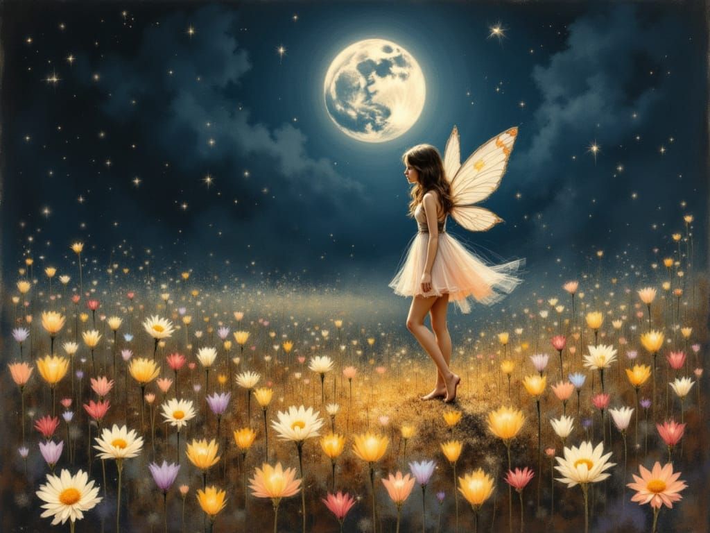 In a vast, moonlit flower field, a gentle earth fairy walks barefoot ...