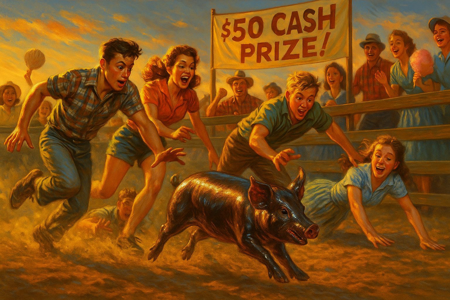 Greased Pig - Greased Pig Chase at the County Fair: 1960s St...