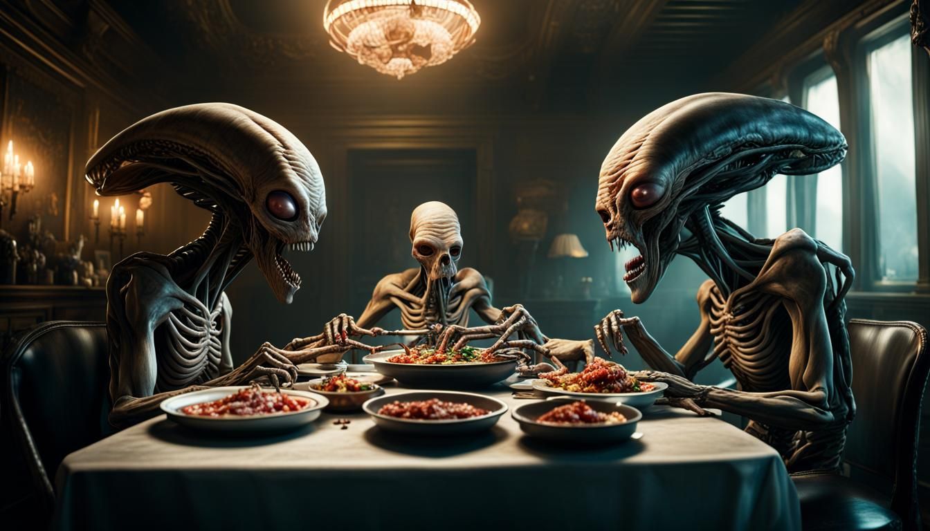 Aliens seated at table eating human body parts. Epic cinematic ...