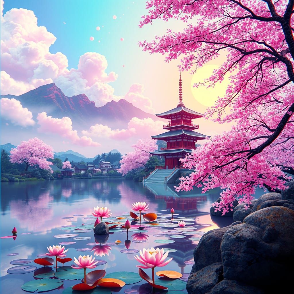 Holographic Vaporwave Glitch, Ukiyo-e landscape, cherry trees, temple, lotus pond