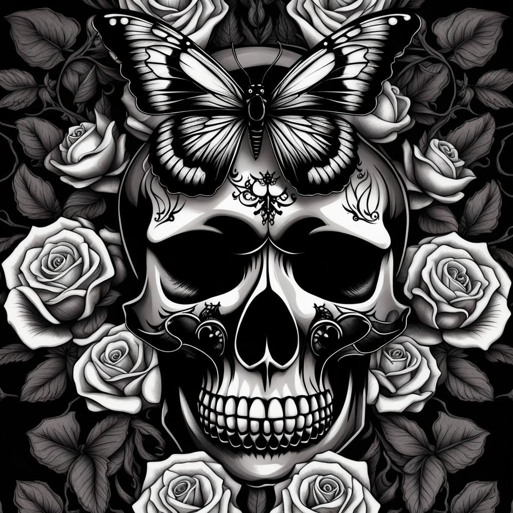 Dark butterfly skull black rose - AI Generated Artwork - NightCafe Creator