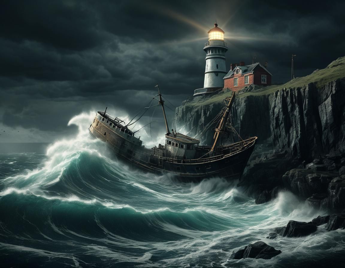 hauntingly beautiful 3D render of a shipwreck boat crashing against a ...