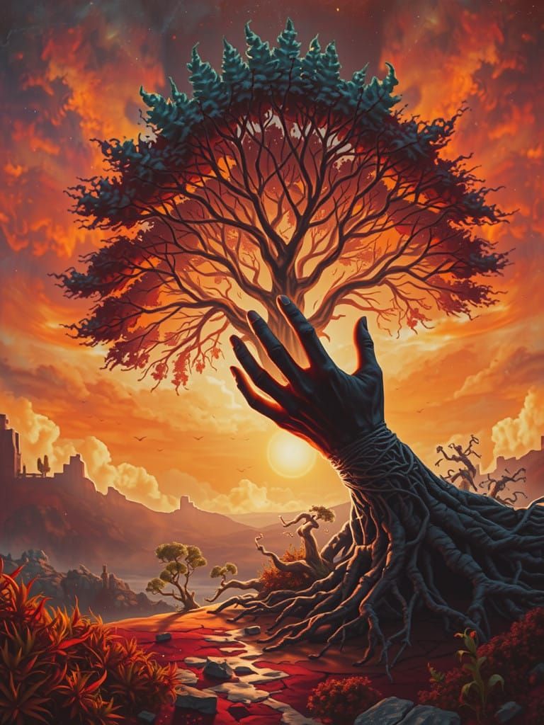 A colossal, gnarled hand erupts from the earth, its massive, arthritic ...