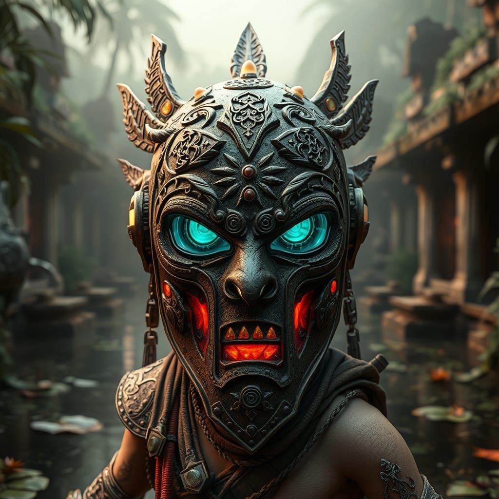 Ancient Obsidian Mask with Intricate Etchings and ... - AI Art